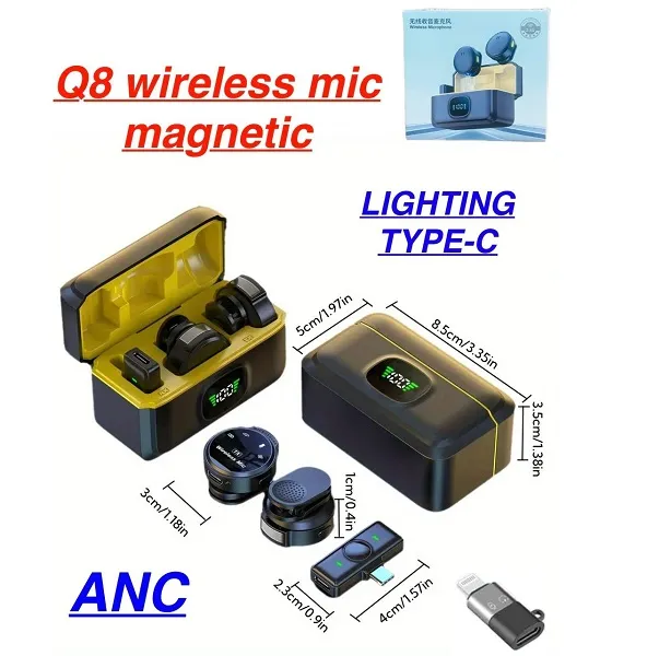 Q8 Wireless Lavalier Microphone | Magnetic Button Display Screen ANC (Type C | Lightning) | Zulacart